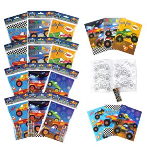 TINYMILLS Monster Truck Coloring Book Set with 12 Coloring Books and 48 Crayons Monster Truck Birthday Party Supplies Favor Bag Filler Carnival Prizes Rewards Classroom Party