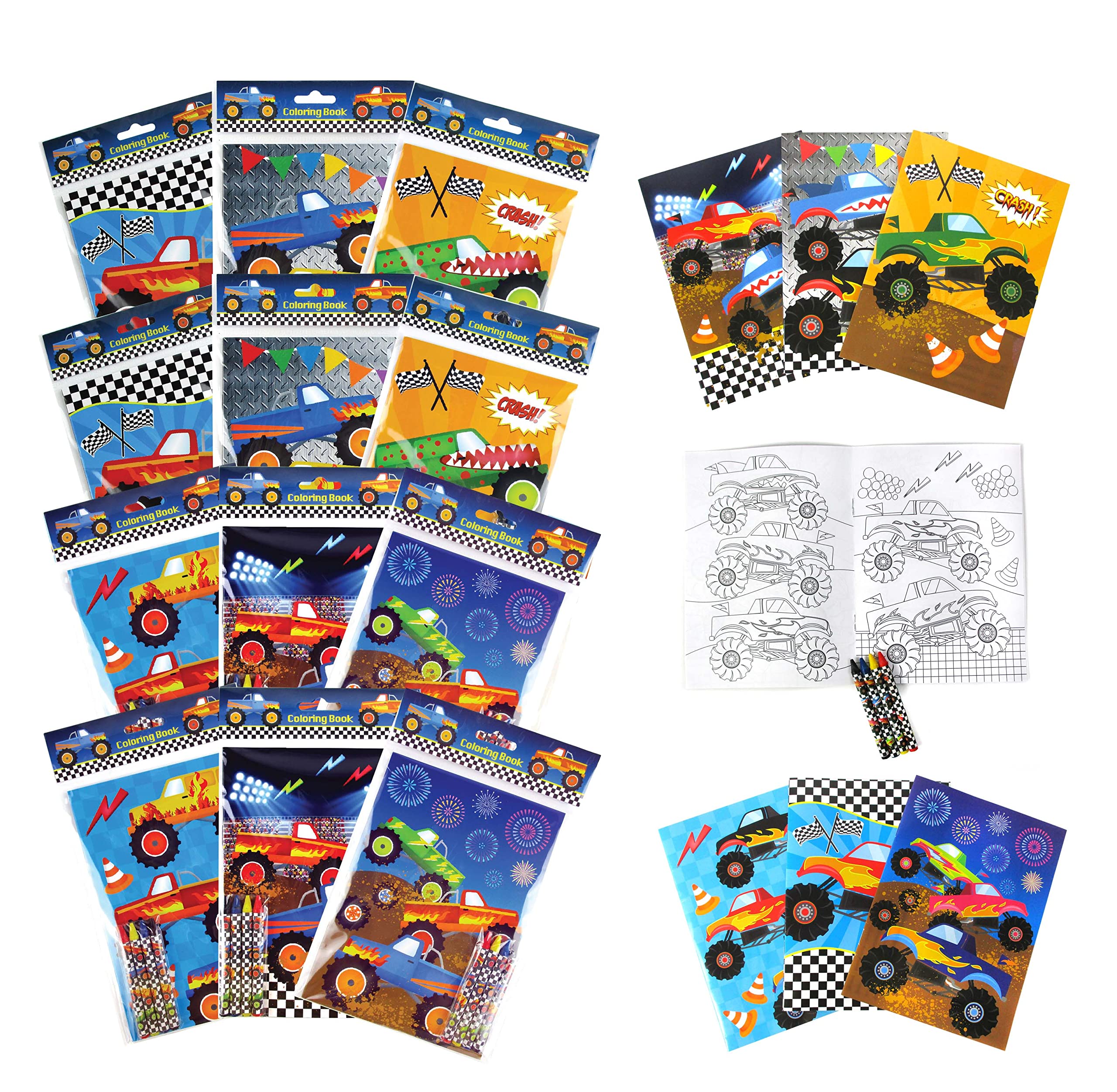 TINYMILLS Monster Truck Coloring Book Set with 12 Coloring Books and 48 Crayons Monster Truck Birthday Party Supplies Favor Bag Filler Carnival Prizes Rewards Classroom Party