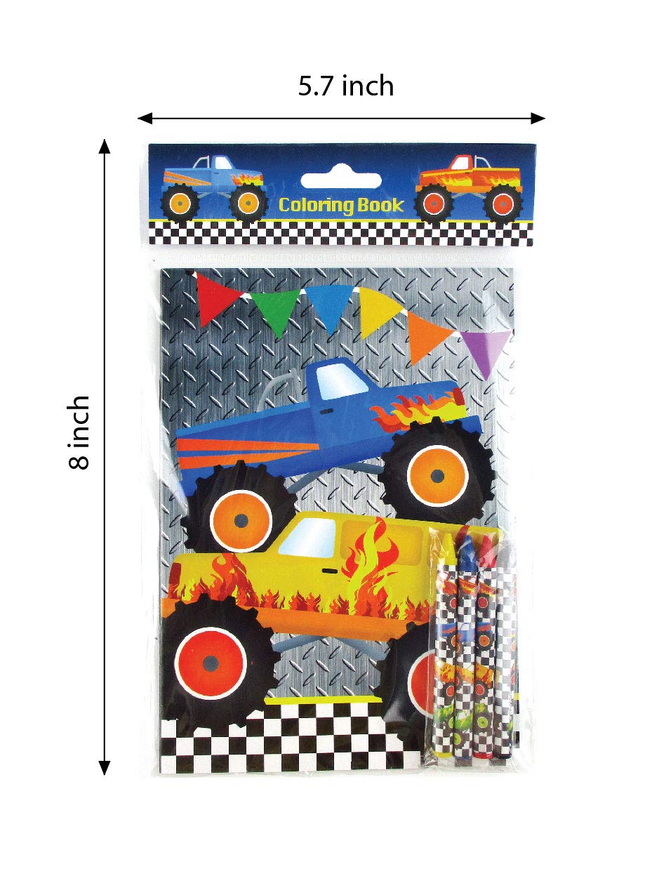 TINYMILLS Monster Truck Coloring Book Set with 12 Coloring Books and 48 Crayons Monster Truck Birthday Party Supplies Favor Bag Filler Carnival Prizes Rewards Classroom Party