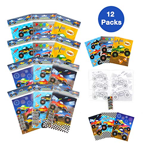 TINYMILLS Monster Truck Coloring Book Set with 12 Coloring Books and 48 Crayons Monster Truck Birthday Party Supplies Favor Bag Filler Carnival Prizes Rewards Classroom Party