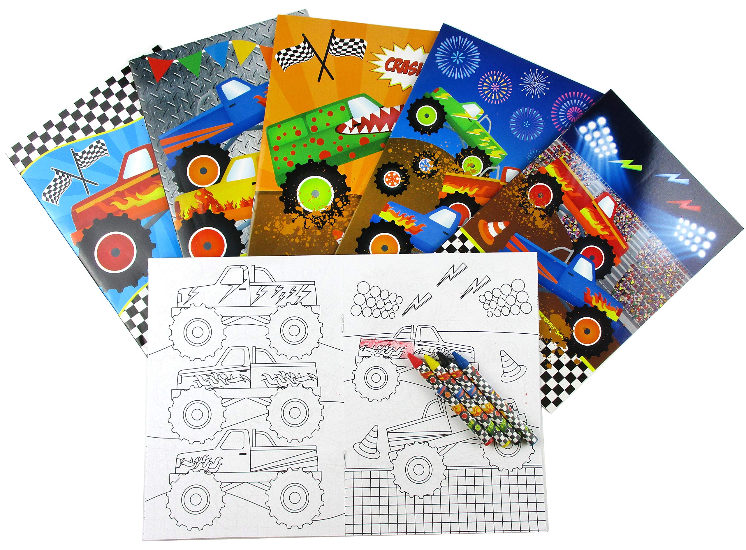 TINYMILLS Monster Truck Coloring Book Set with 12 Coloring Books and 48 Crayons Monster Truck Birthday Party Supplies Favor Bag Filler Carnival Prizes Rewards Classroom Party