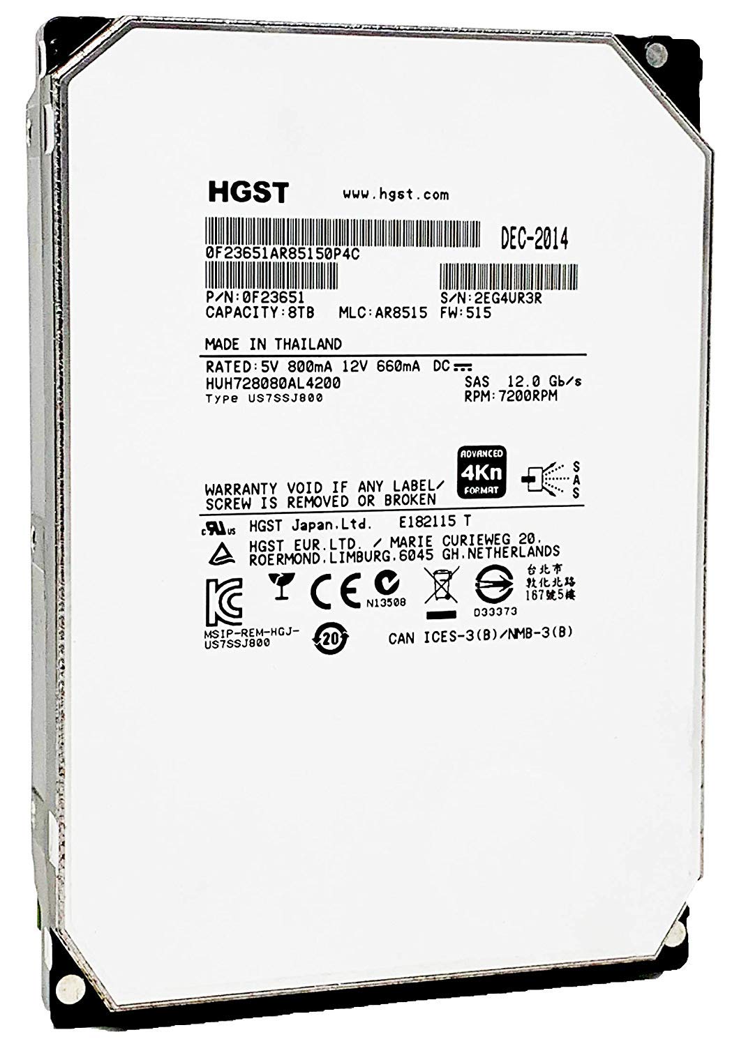 HGST HUH728080AL4200 3.5" 8TB SAS 12Gb/s 7.2K RPM 128M 0F23651 4Kn ISE Enterprise Hard Drive (Renewed)