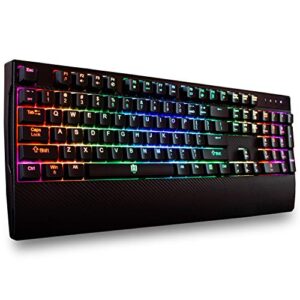 deco gear mechanical gaming keyboard, anti-ghosting, ergonomic fixed palm rest, full customizable rgb backlit, carbon fiber design, outemu blue switch, wired, black