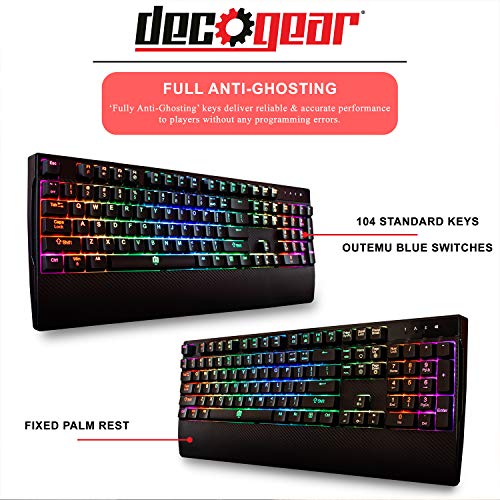 Deco Gear Mechanical Gaming Keyboard, Anti-Ghosting, Ergonomic Fixed Palm Rest, Full Customizable RGB Backlit, Carbon Fiber Design, Outemu Blue Switch, Wired, Black