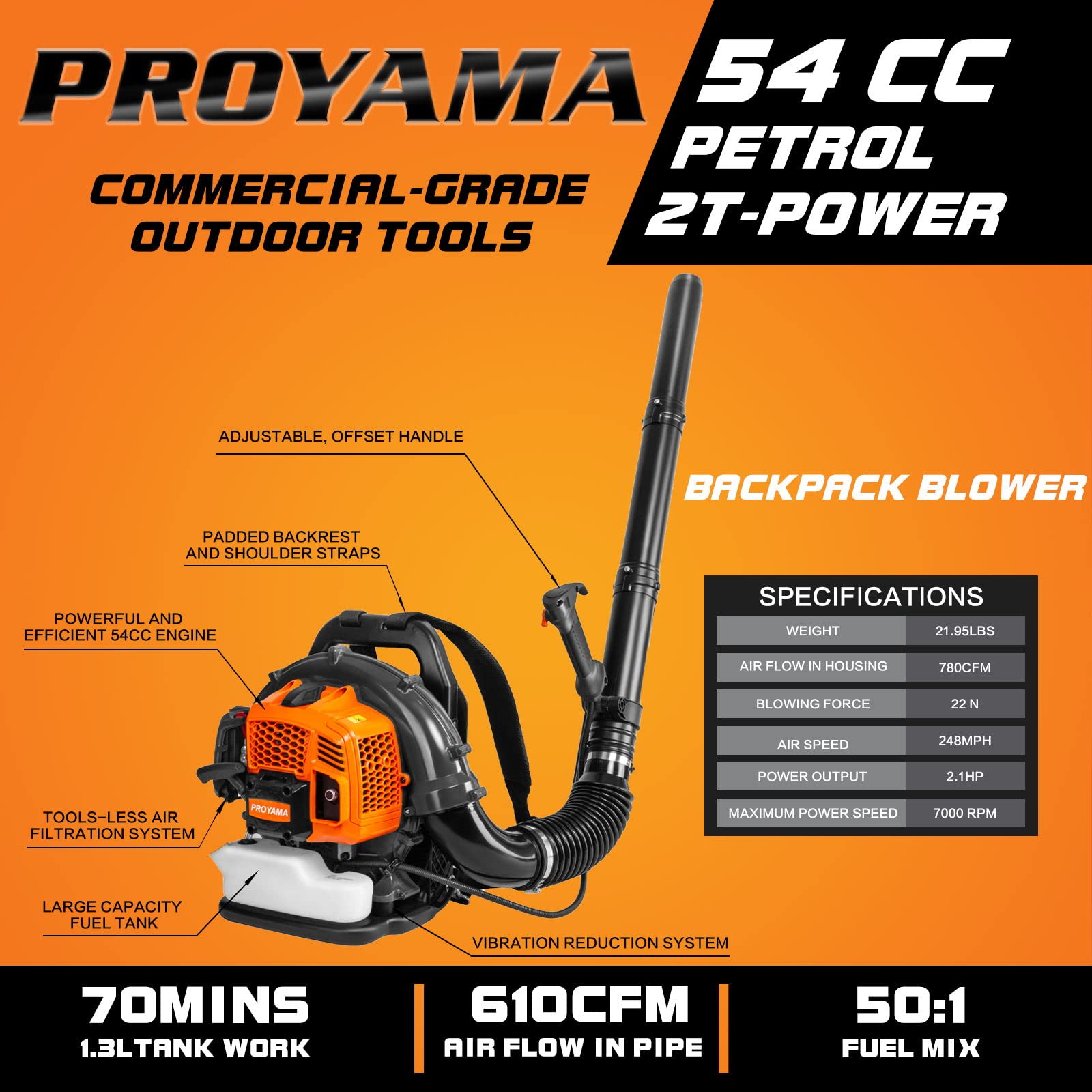 PROYAMA 54CC Gas Powered Backpack Leaf Blower 780CFM 248MPH Extreme Duty 2-Cycle Gasoline Powered Leaf blowers for Lawn Care Yard Snow Blowing Dust Debris