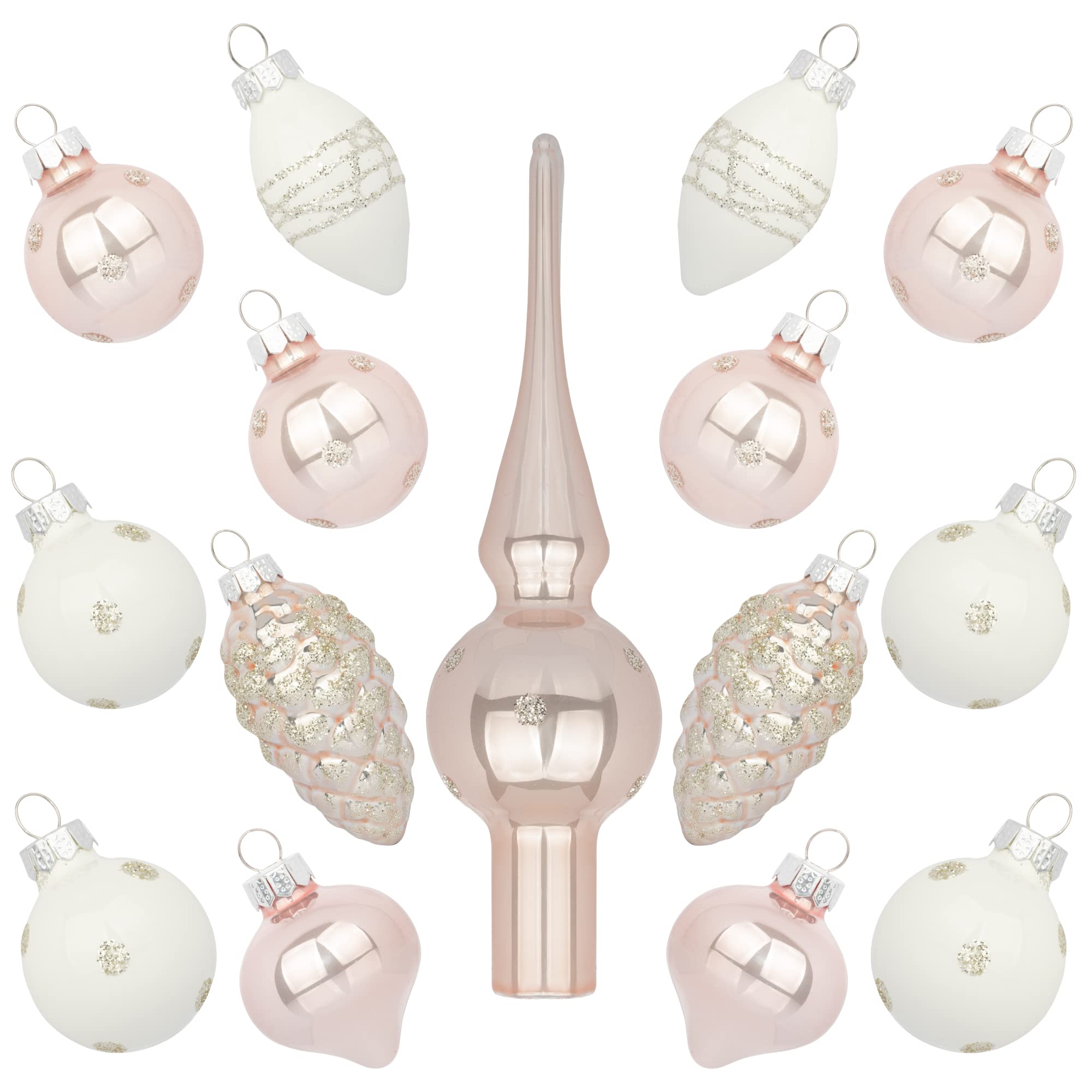 KINGYEE Miniature Ornaments and Tree Topper White and Pink Christmas Mini Glass Tree Decorations Set of 15 for Tabletop Desktop Tree Wedding Centerpiece