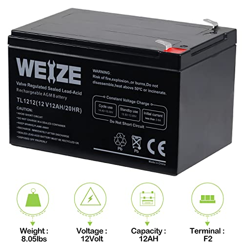 Weize 12 Volt 12 Ah Rechargeable Battery with F2 Terminals, Sealed Lead Acid (SLA) AGM Deep Cycle Battery replaces BP12-12,GP12120,GS12V12AH,6-DW-12, 2 Pack