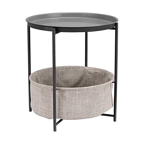 Amazon Basics Round Storage End Table, Side Table with Cloth Basket, Charcoal/Heather Gray, 17.7 x 17.7 x 18.9 in