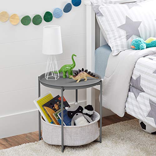 Amazon Basics Round Storage End Table, Side Table with Cloth Basket, Charcoal/Heather Gray, 17.7 x 17.7 x 18.9 in