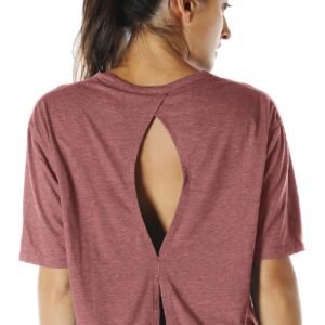 icyzone Open Back Workout Top Shirts - Yoga t-Shirts Activewear Exercise Crop Tops for Women (M, Burgundy)