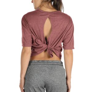 icyzone Open Back Workout Top Shirts - Yoga t-Shirts Activewear Exercise Crop Tops for Women (M, Burgundy)