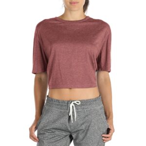 icyzone Open Back Workout Top Shirts - Yoga t-Shirts Activewear Exercise Crop Tops for Women (M, Burgundy)