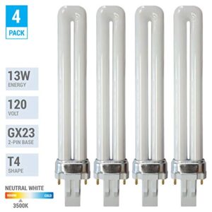 (Pack of 4) 13-Watt Single Tube 2 Pin GX23 (See Photos) Base - 3500K Neutral White 35K CFL Light Bulb - Replacement for Sylvania 20335/21137 CF13DS/835- Philips 146845 PL-S 13W/835 GE 97569F13BX/835