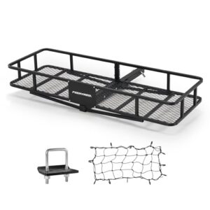 fieryred folding hitch mount cargo carrier 60" x 20" x 7", 500 lbs heavy duty trailer hitch mount cargo basket with net & hitch stabilizer, fit 2" receiver for suv, truck, car