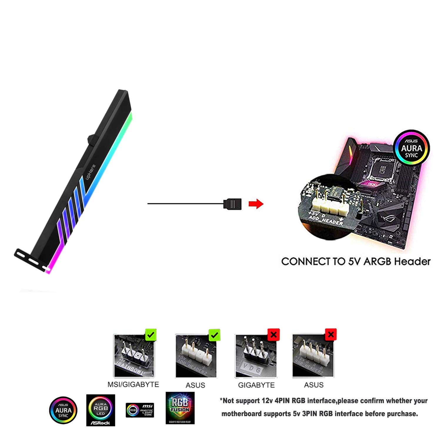 upHere 5V 3-pin Addressable RGB Graphics Card GPU Brace Support Holder,Support Video Card Sag Holder/Holster Bracket-GL28ARGB