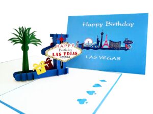 igifts and cards unique happy birthday blue cover las vegas 3d pop up greeting card - fun, special occasion, congratulations, celebration, feliz cumpleaños, best friend, cute, sin city, famous, unique