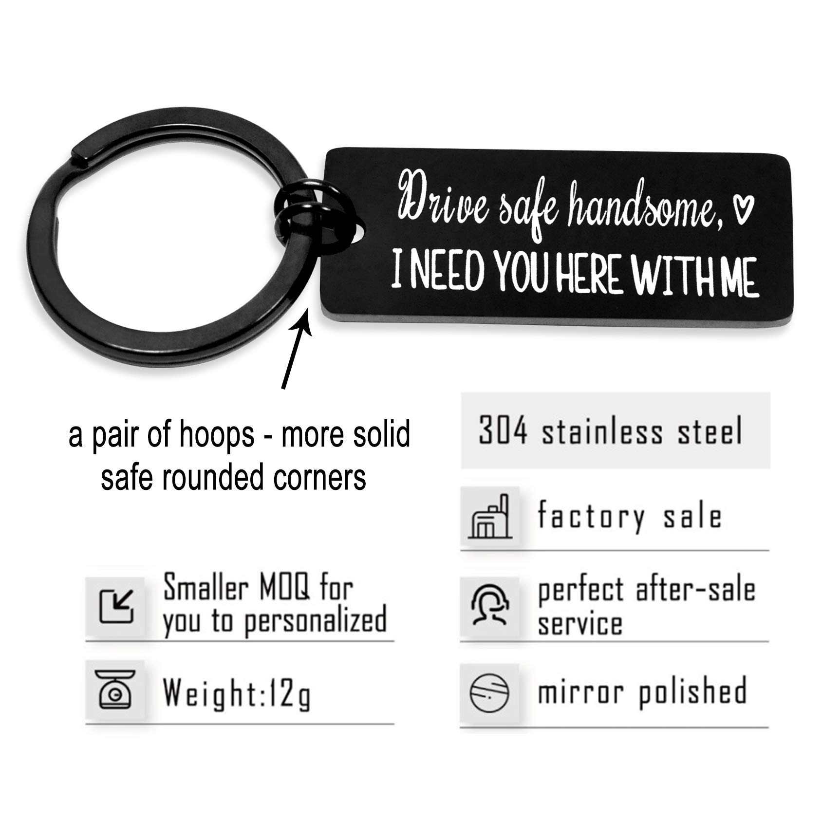 Elechobby Drive Safe Keychain I Need You Here With Me for Husband Dad Boyfriend Gifts Valentines Day Father's day Birthday Gift (Black wider), Medium