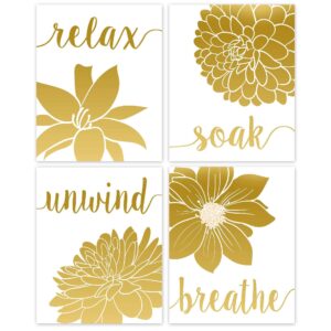 simple relax soak unwind breathe gold blend floral prints, 4 (8x10) unframed photos, wall art decor gifts for home office salon lounge bathroom school college student coach yoga garden flowers fan