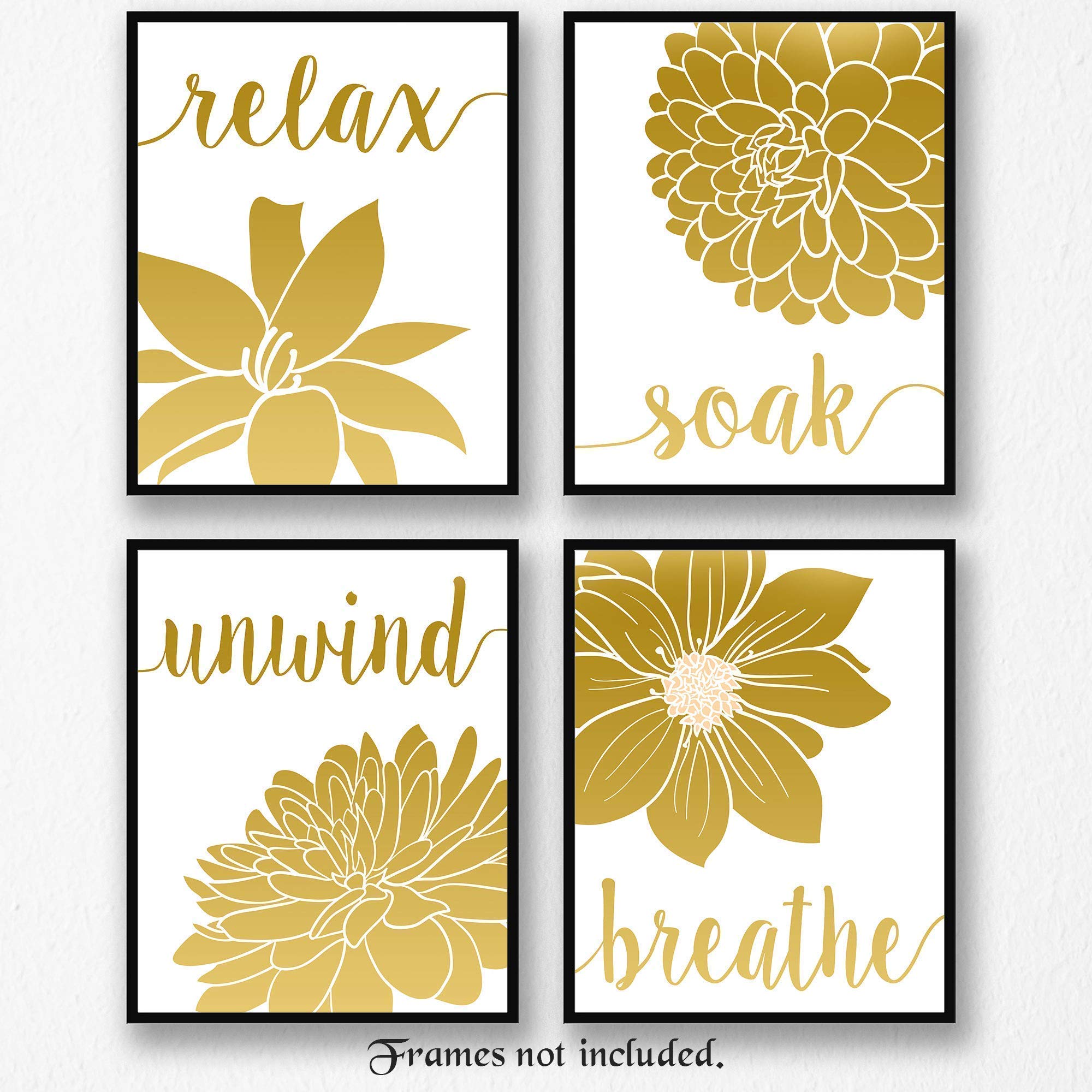 Simple Relax Soak Unwind Breathe Gold Blend Floral Prints, 4 (8x10) Unframed Photos, Wall Art Decor Gifts for Home Office Salon Lounge Bathroom School College Student Coach Yoga Garden Flowers Fan