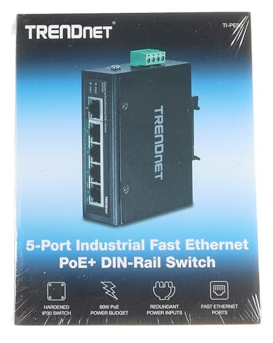 TRENDnet 5-Port Industrial Fast Ethernet DIN-Rail Switch, 4 x Fast Ethernet PoE+ Ports, 1 x Fast Ethernet Port, 90W PoE Power Budget, DIN-Rail, IP30 Rated, Lifetime Protection, Black, TI-PE50