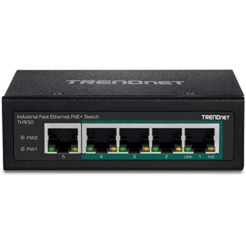 TRENDnet 5-Port Industrial Fast Ethernet DIN-Rail Switch, 4 x Fast Ethernet PoE+ Ports, 1 x Fast Ethernet Port, 90W PoE Power Budget, DIN-Rail, IP30 Rated, Lifetime Protection, Black, TI-PE50