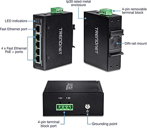 TRENDnet 5-Port Industrial Fast Ethernet DIN-Rail Switch, 4 x Fast Ethernet PoE+ Ports, 1 x Fast Ethernet Port, 90W PoE Power Budget, DIN-Rail, IP30 Rated, Lifetime Protection, Black, TI-PE50