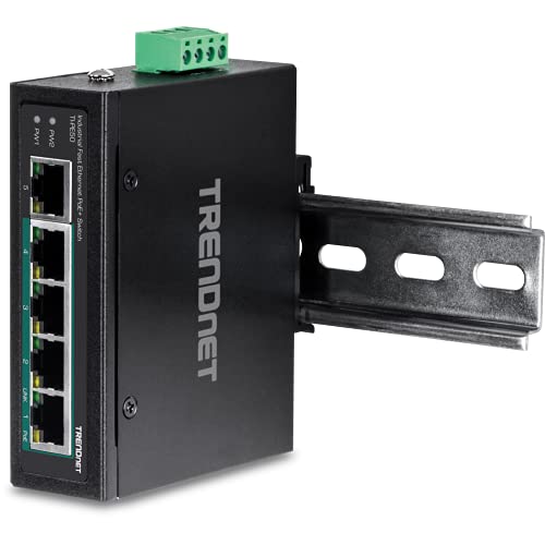 TRENDnet 5-Port Industrial Fast Ethernet DIN-Rail Switch, 4 x Fast Ethernet PoE+ Ports, 1 x Fast Ethernet Port, 90W PoE Power Budget, DIN-Rail, IP30 Rated, Lifetime Protection, Black, TI-PE50