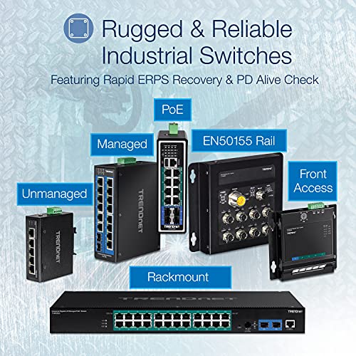 TRENDnet 5-Port Industrial Fast Ethernet DIN-Rail Switch, 4 x Fast Ethernet PoE+ Ports, 1 x Fast Ethernet Port, 90W PoE Power Budget, DIN-Rail, IP30 Rated, Lifetime Protection, Black, TI-PE50