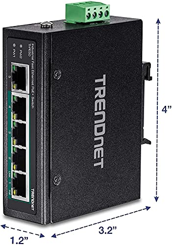 TRENDnet 5-Port Industrial Fast Ethernet DIN-Rail Switch, 4 x Fast Ethernet PoE+ Ports, 1 x Fast Ethernet Port, 90W PoE Power Budget, DIN-Rail, IP30 Rated, Lifetime Protection, Black, TI-PE50