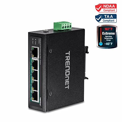 TRENDnet 5-Port Industrial Fast Ethernet DIN-Rail Switch, 4 x Fast Ethernet PoE+ Ports, 1 x Fast Ethernet Port, 90W PoE Power Budget, DIN-Rail, IP30 Rated, Lifetime Protection, Black, TI-PE50