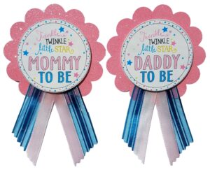 mommy & daddy to be pin twinkle little star baby shower pins for parents to wear, pink & blue, it's a girl sprinkle