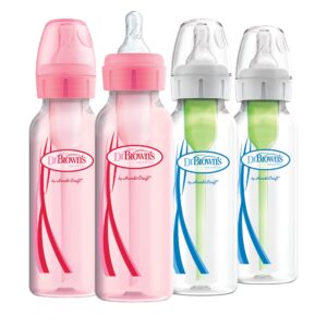 dr. brown’s natural flow® anti-colic options+™ narrow baby bottles, 8 oz/250ml, with level 1 slow flow nipple, 4 pack, pink/clear