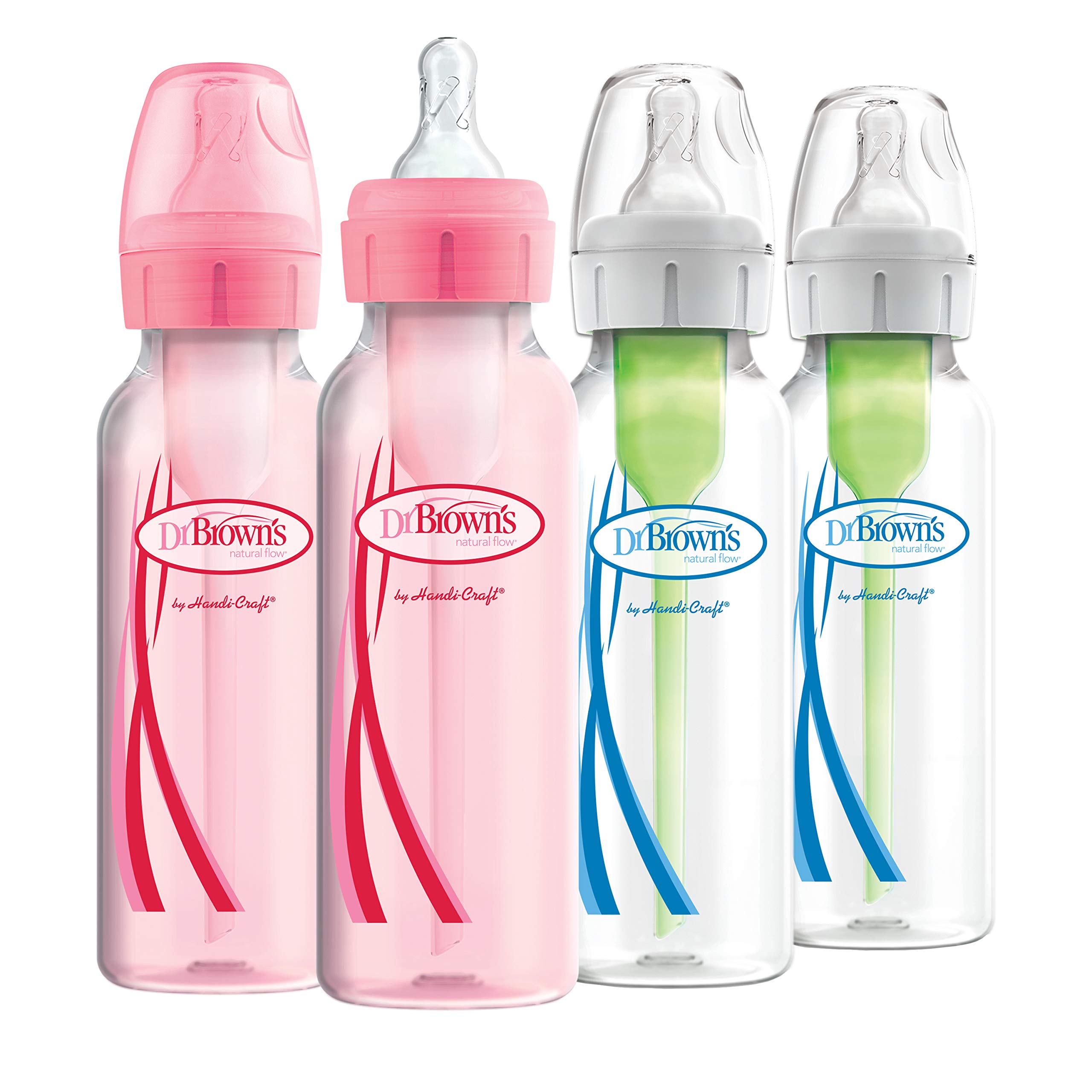 Dr. Brown’s Natural Flow® Anti-Colic Options+™ Narrow Baby Bottles, 8 oz/250ml, with Level 1 Slow Flow Nipple, 4 Pack, Pink/Clear