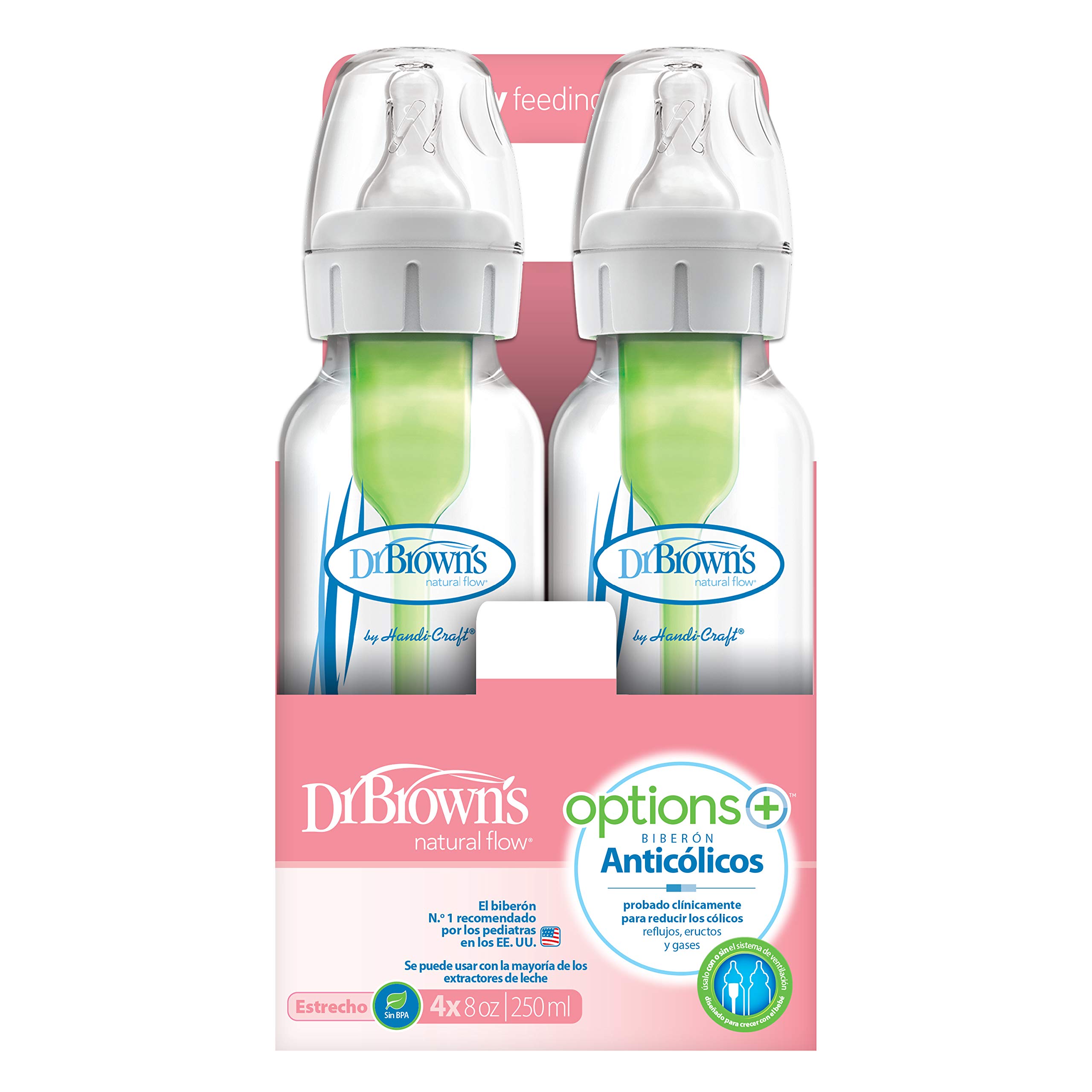 Dr. Brown’s Natural Flow® Anti-Colic Options+™ Narrow Baby Bottles, 8 oz/250ml, with Level 1 Slow Flow Nipple, 4 Pack, Pink/Clear