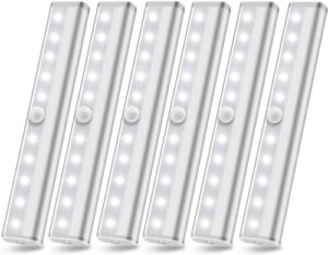 motion sensor closet lights, 10 led battery powered lights led under cabinet lighting wireless under counter light, stick on lights motion night light bar for stairs hallway kitchen, white 6 pack