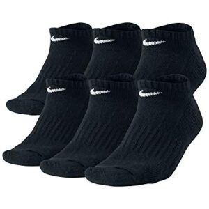 NIKE Dri-Fit Training Everyday Cotton Cushioned No Show Socks 6 PAIR Black with White Signature Swoosh Logo) LARGE 8-12