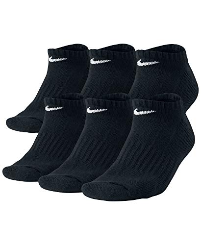 NIKE Dri-Fit Training Everyday Cotton Cushioned No Show Socks 6 PAIR Black with White Signature Swoosh Logo) LARGE 8-12