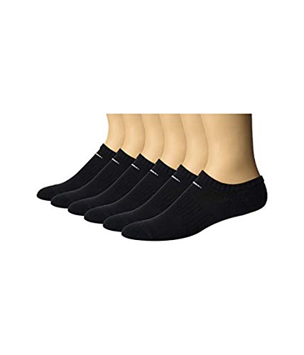 NIKE Dri-Fit Training Everyday Cotton Cushioned No Show Socks 6 PAIR Black with White Signature Swoosh Logo) LARGE 8-12