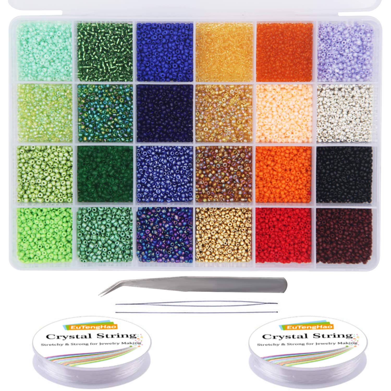 EuTengHao 14400pcs Glass Seed Beads Small Craft Beads for DIY Bracelet Necklaces Crafting Jewelry Making Supplies with Two 0.5mm Clear Bracelet String (600Pcs Per Color, 24 Colors)