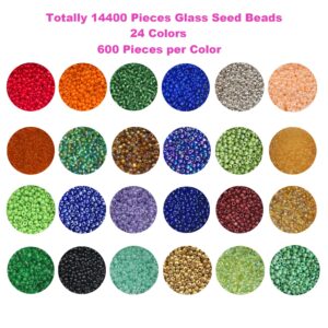 EuTengHao 14400pcs Glass Seed Beads Small Craft Beads for DIY Bracelet Necklaces Crafting Jewelry Making Supplies with Two 0.5mm Clear Bracelet String (600Pcs Per Color, 24 Colors)