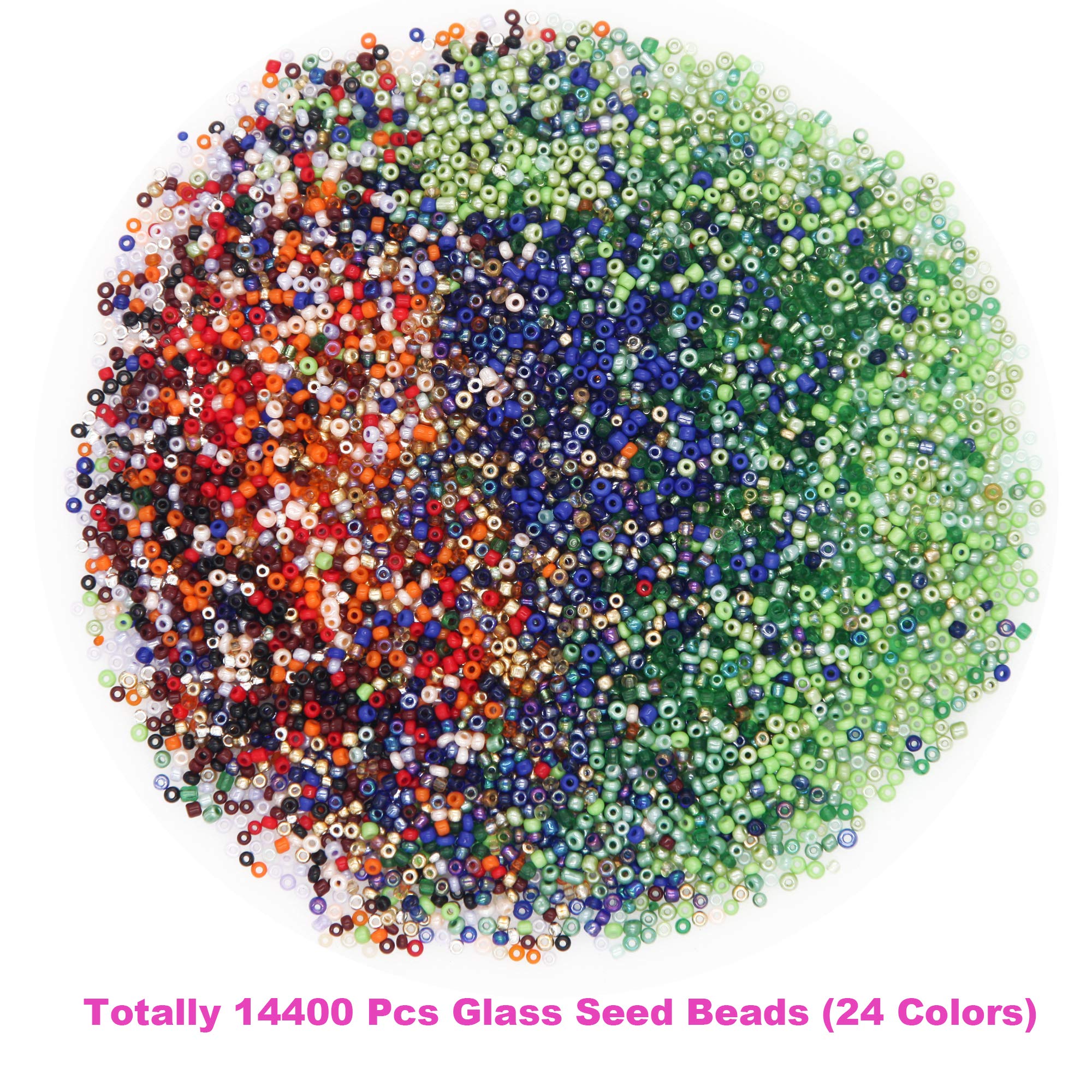 EuTengHao 14400pcs Glass Seed Beads Small Craft Beads for DIY Bracelet Necklaces Crafting Jewelry Making Supplies with Two 0.5mm Clear Bracelet String (600Pcs Per Color, 24 Colors)