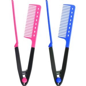 2 pieces straightening comb salon hair brush combs hairdressing styling hair straightener v-shaped straight comb straightener comb for knotty hair salon home use (rose red, blue)