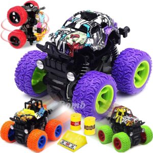 cozybomb friction powered monster trucks toys for boys/girls - push and go car truck playset, inertia vehicle, kids birthday christmas party supplies gift 3 years old (purple, red, orange, green)