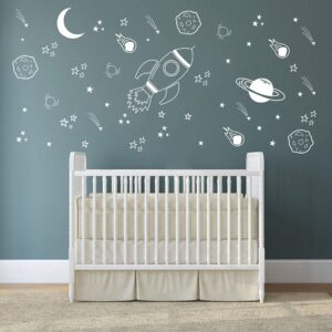 space wall decal nursery, outer space decor, rocket decal, boy room decor, space ship decal, space themed room, planets wall decal for baby boys nursery a37 (white)