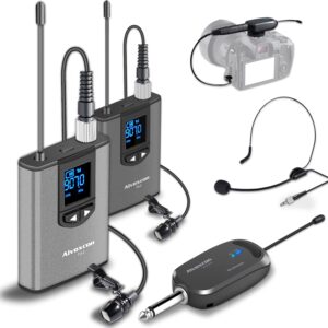 alvoxcon uhf dual channel wireless lavalier microphone system with volume control for iphone, dslr, pa speaker, youtube, podcast, video recording, conference, vlogging, church, interview, teaching