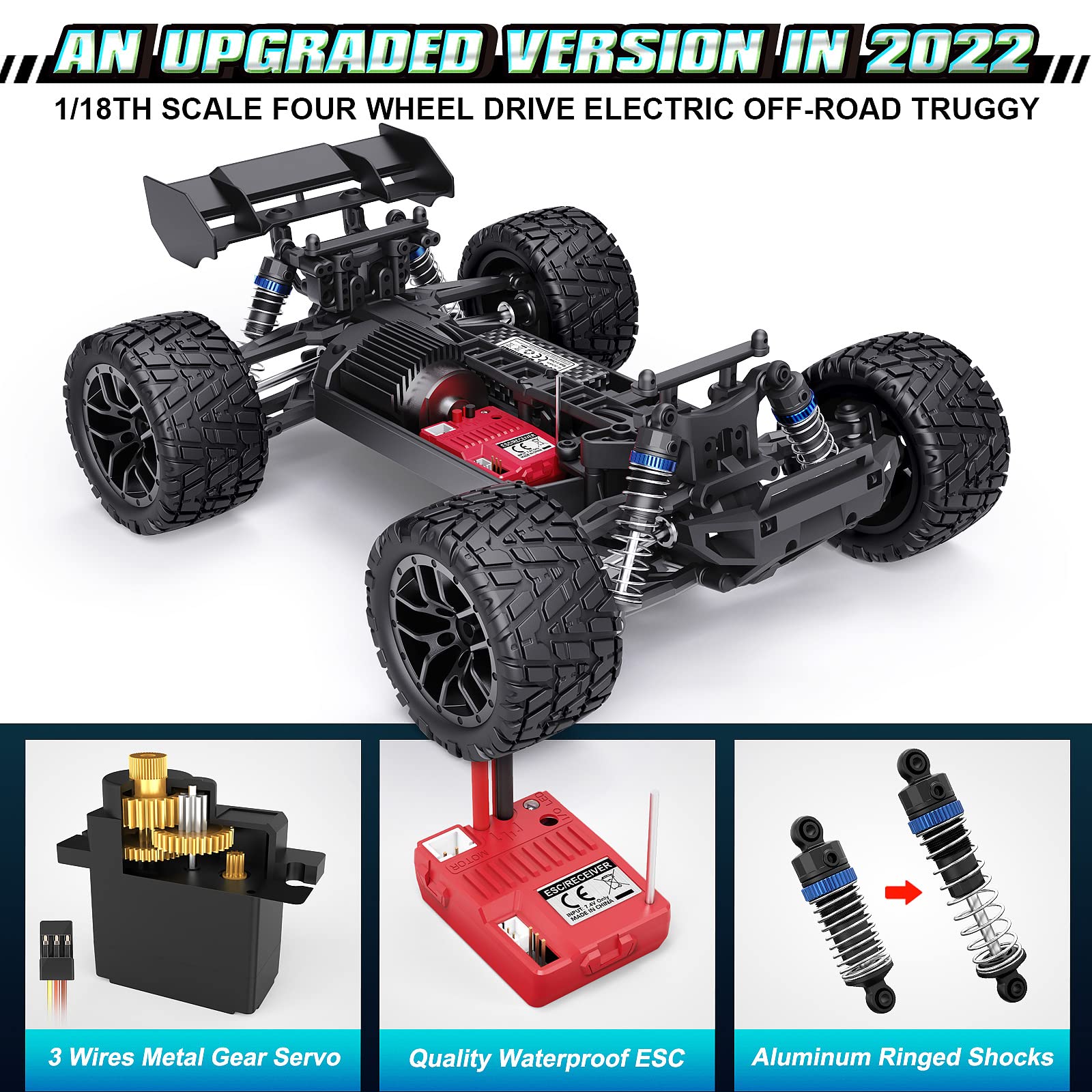 HAIBOXING RC Cars Hailstorm, 36+KM/H High Speed 4WD 1:18 Scale Waterproof Truggy Remote Control Off Road Monster Truck with Two Rechargeable Batteries, All Terrain Toys for Kids and Adult