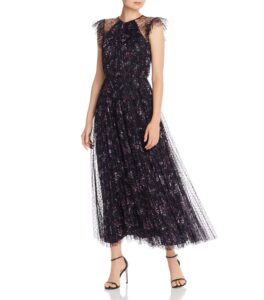 jill jill stuart women's tea length flocked tulle rufffle gown, black multi, 4