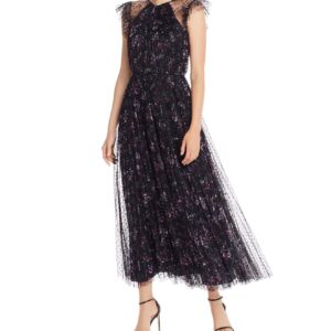 Jill Jill Stuart Women's Tea Length Flocked Tulle Rufffle Gown, Black Multi, 4