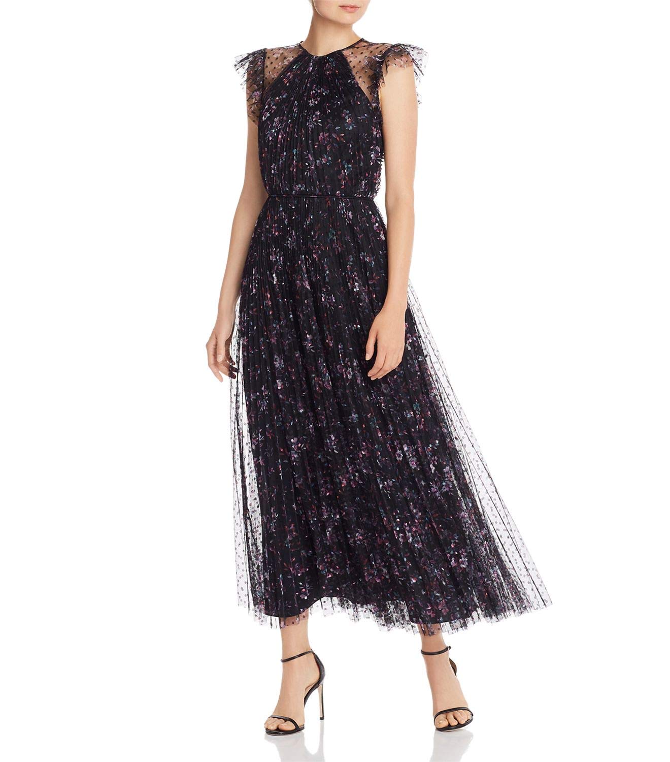 Jill Jill Stuart Women's Tea Length Flocked Tulle Rufffle Gown, Black Multi, 4