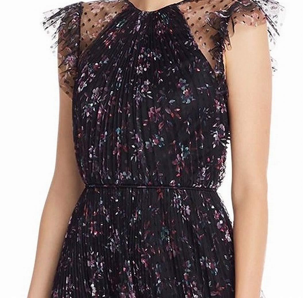 Jill Jill Stuart Women's Tea Length Flocked Tulle Rufffle Gown, Black Multi, 4